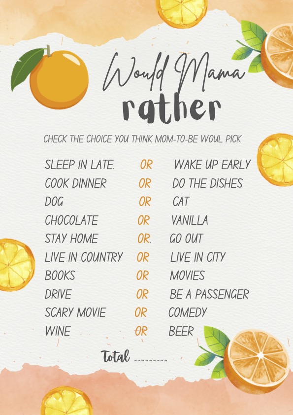 Would Mama Rather? - Baby Shower Game - Honey and Lemon Life